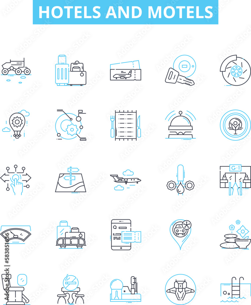 hotels and motels vector line icons set. Lodgings, Accommodations, Inns ...