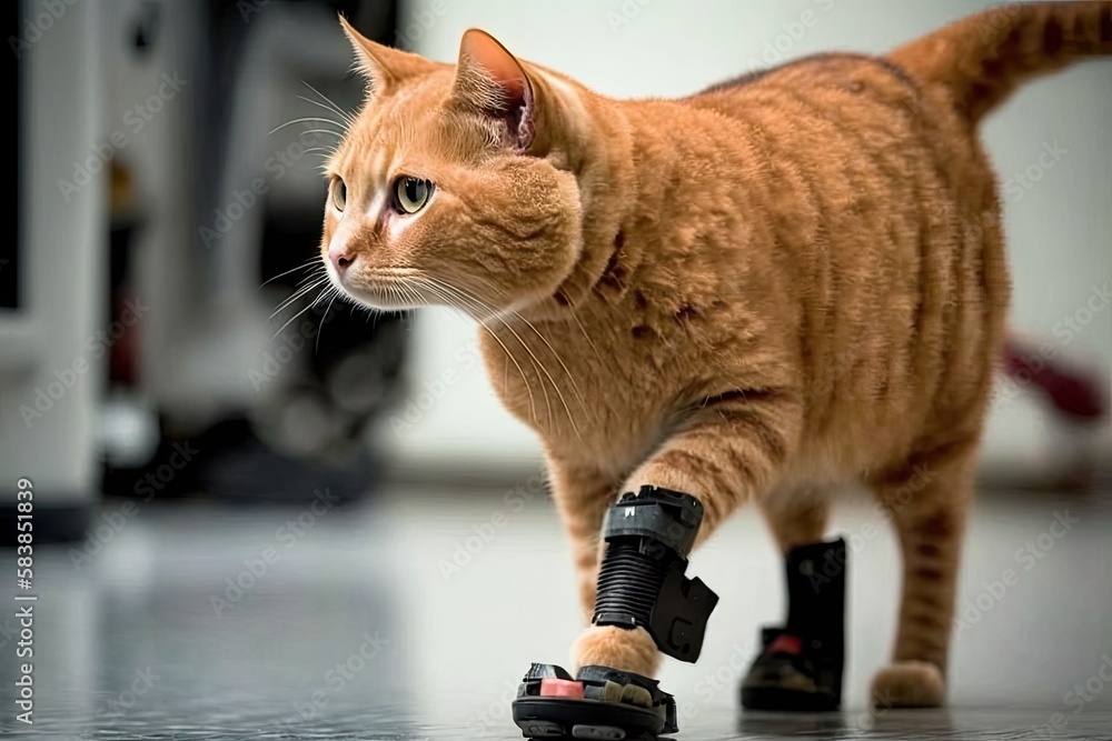 cat, recovering from a life-threatening injury, with robotic leg ...