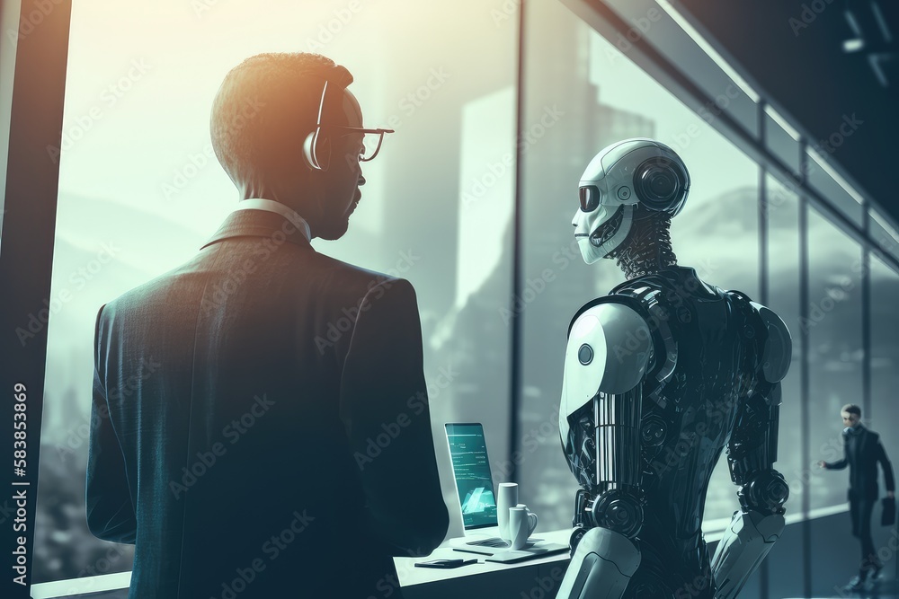 chatbot robot interacting with human in futuristic work environment ...