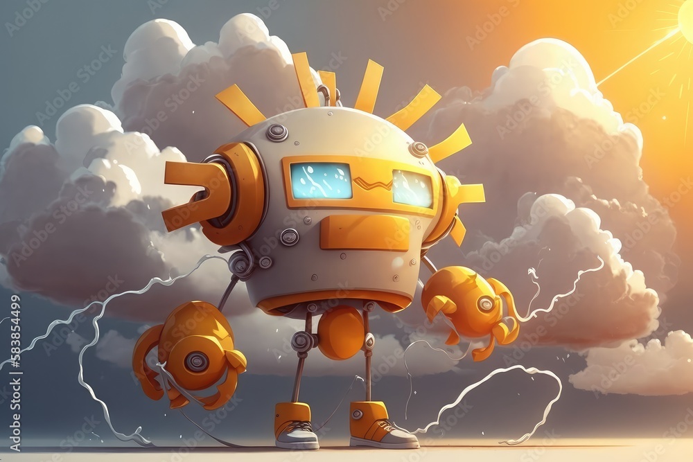 chatbot robot giving the weather forecast, with animated clouds and sun ...