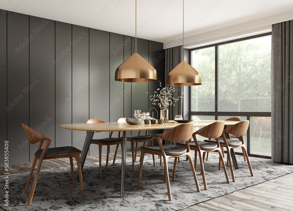 Interior of modern dining room, dining table and wooden chairs in room ...