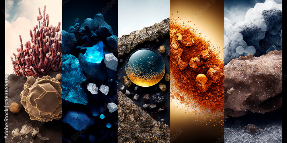 Collage wallpaper of textured natural stones and minerals of the planet ...