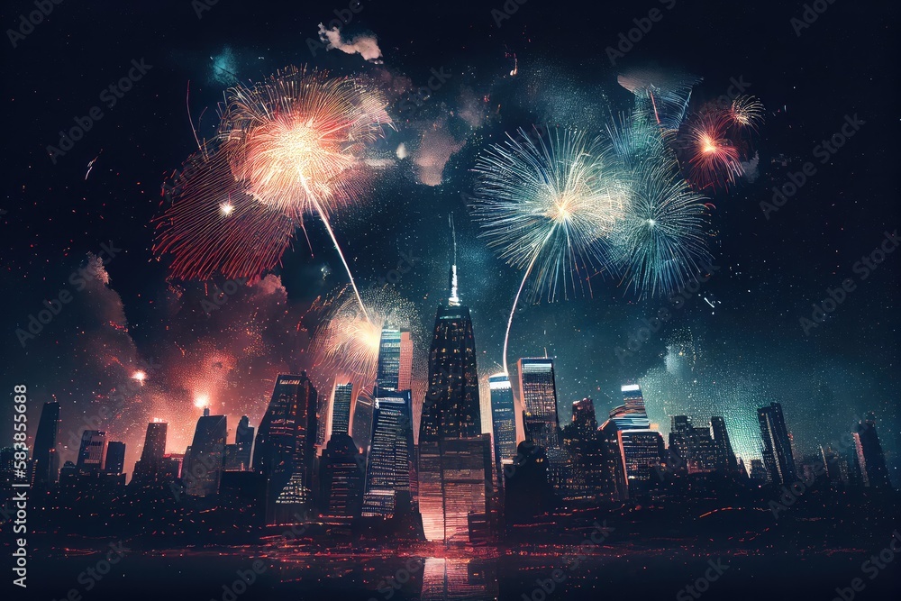 city skyline at night, with fireworks exploding in the sky, created ...