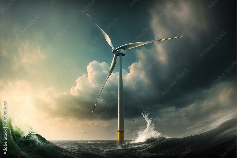 Ocean Wind Farm. Windmill farm in the ocean. Offshore wind turbines in ...