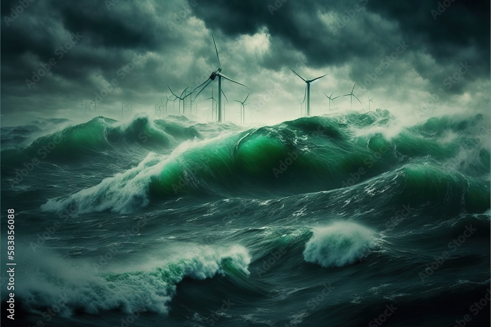 Ocean Wind Farm. Windmill farm in the ocean. Offshore wind turbines in ...