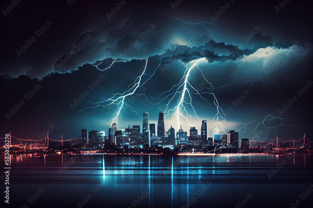 city skyline in the midst of a thunderstorm, with flashes of lightning ...