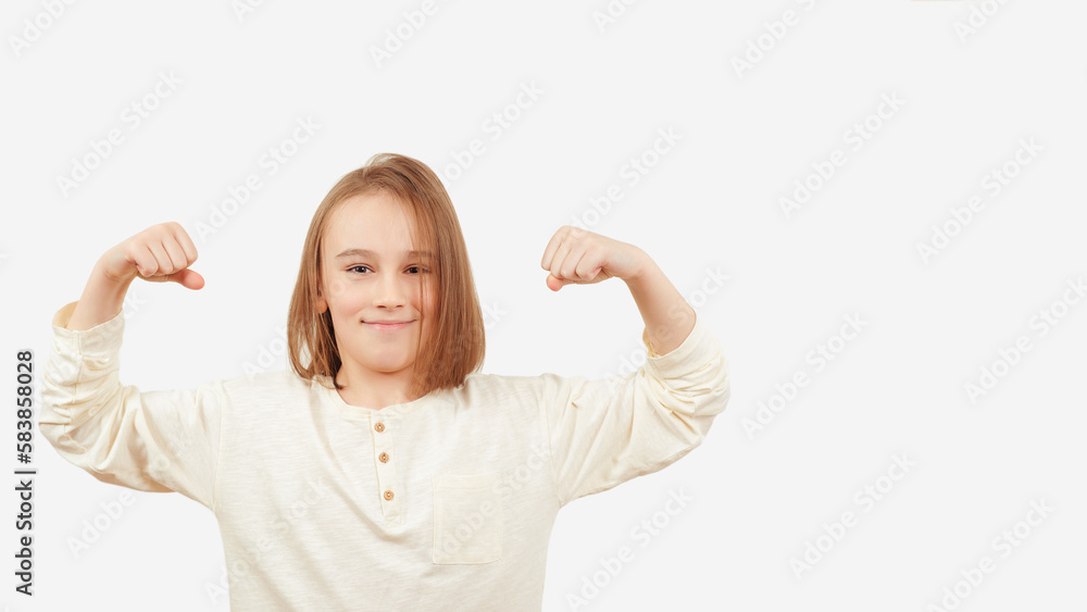 Happy teen boy winner with raised hands. Cute successful boy ...