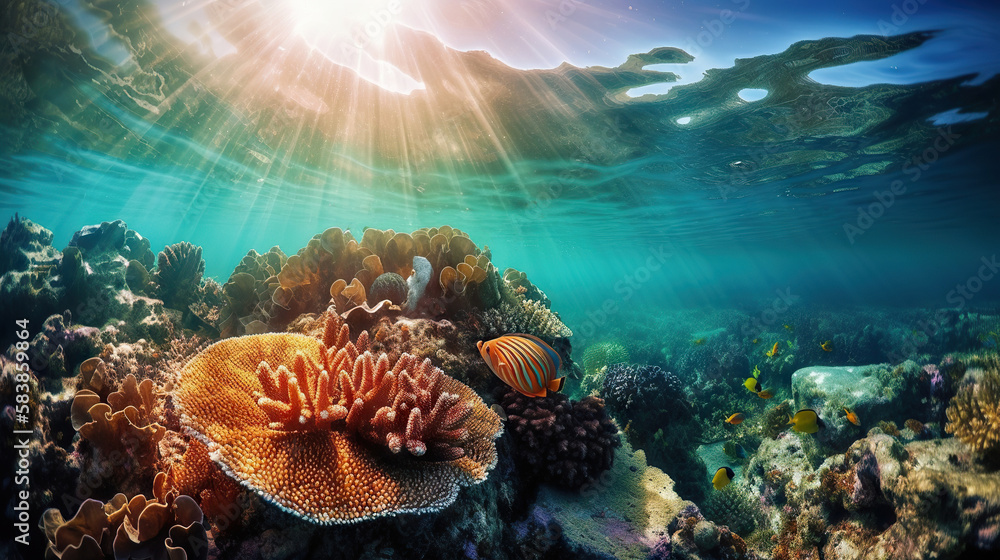 Ocean underwater scene of picturesque coral reef. Based on Generative ...