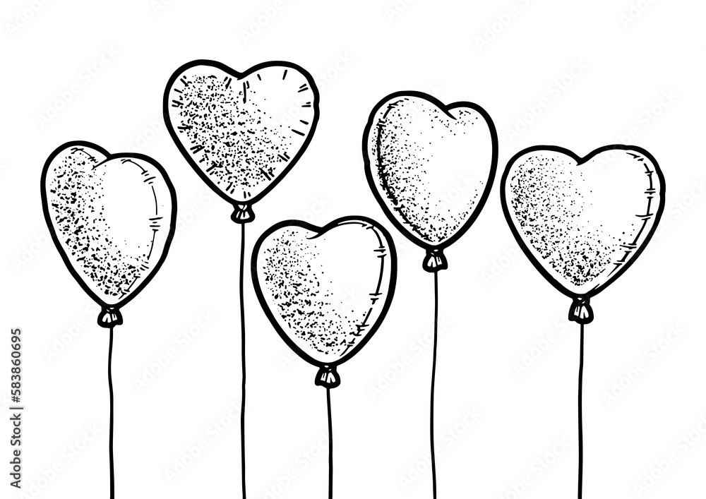 Heart shaped balloons line art sketch PNG illustration with transparent ...