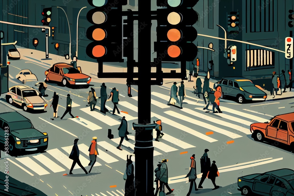 busy intersection with traffic lights and pedestrians crossing the ...