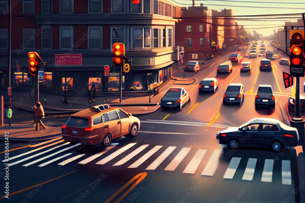 city street intersection during rush hour, with traffic moving slowly ...