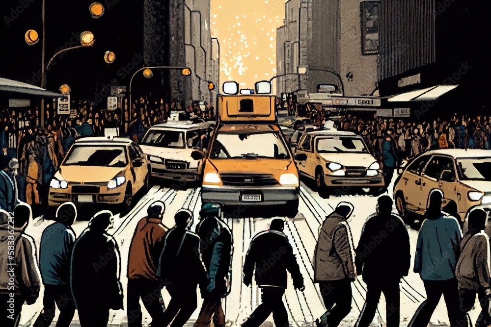 pedestrians crossing street in rush hour, with cars and buses stopping ...