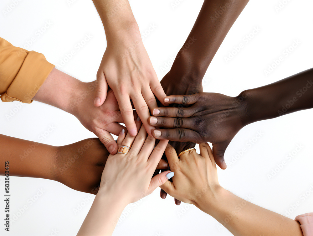 multiethnic hands together, teamwork and unity concept, white ...