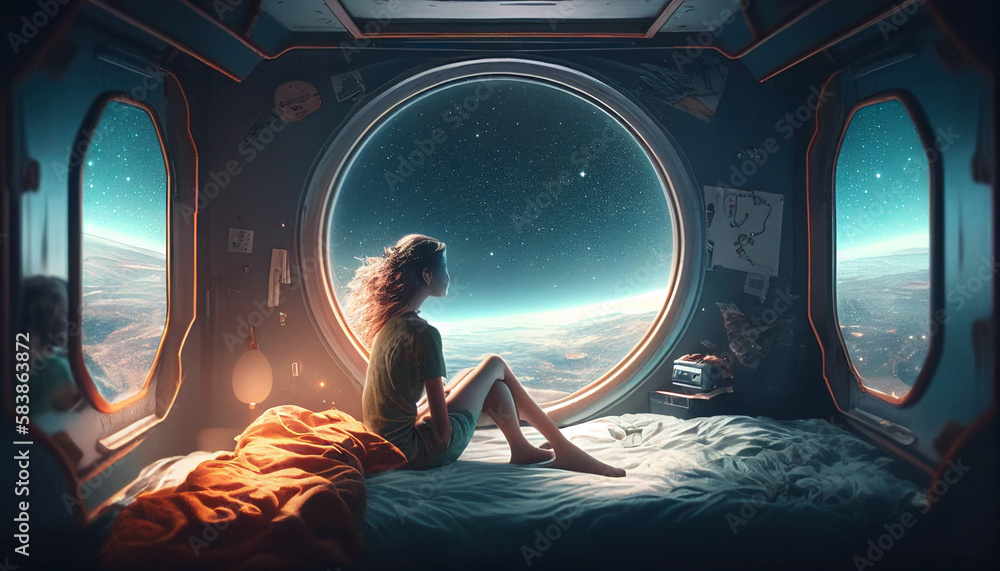 Poster A girl living on a spaceship is looking at the universe outside ...