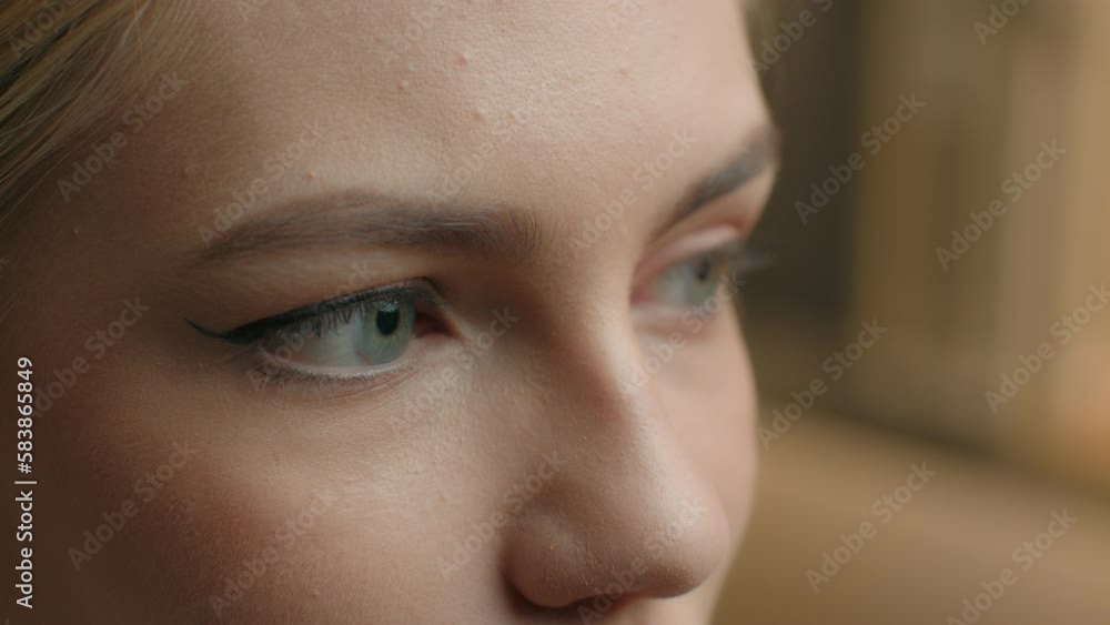 Cropped shot profile woman half part face close up female blue eyes ...
