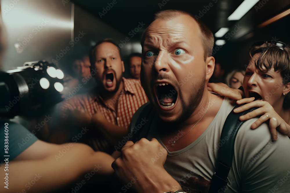 Crowd of panicking people. People scream in fear. Neural network AI ...