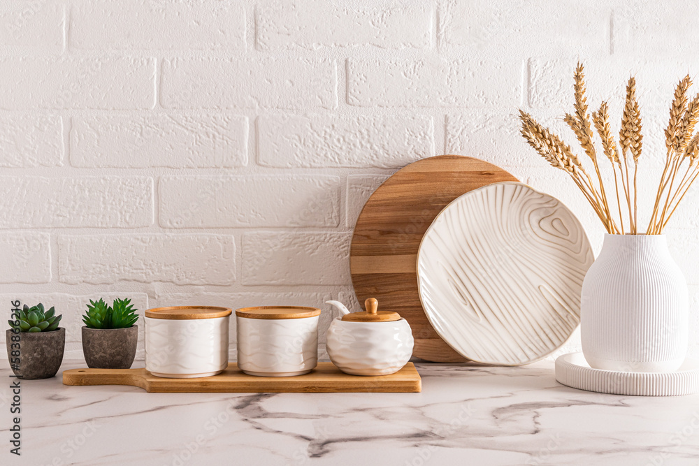 beautiful kitchen background in light colors with a set of kitchen ...