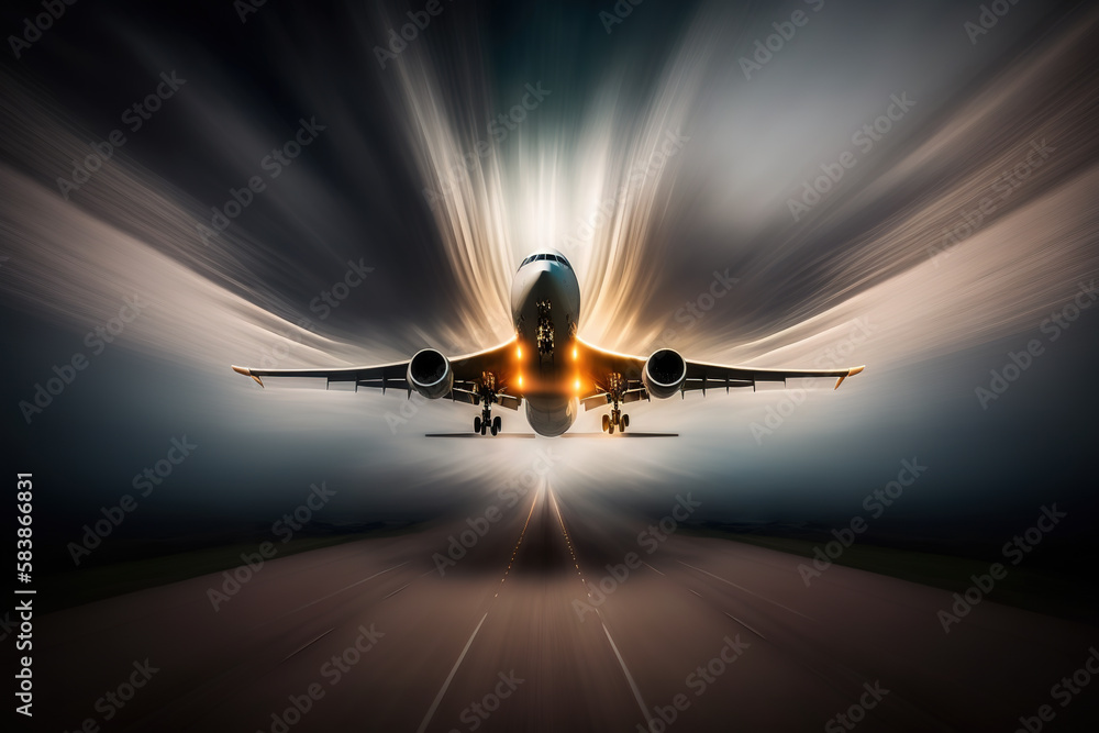 Abstract passenger plane taking off in motion blur. Generative AI ...
