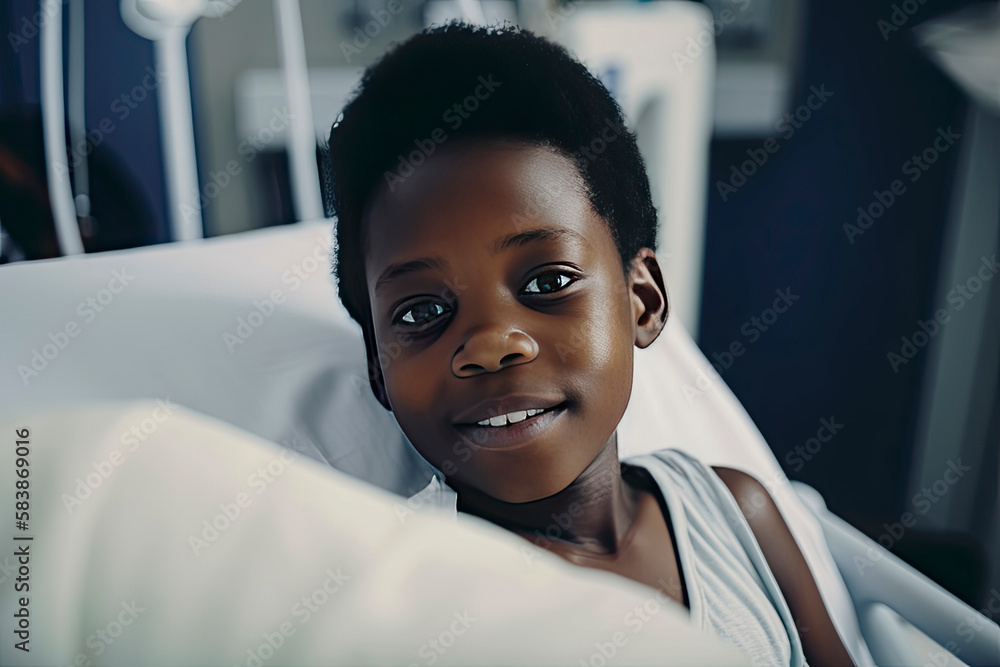 Happy smiling boy in hospital bed where he is receiving treatment care ...