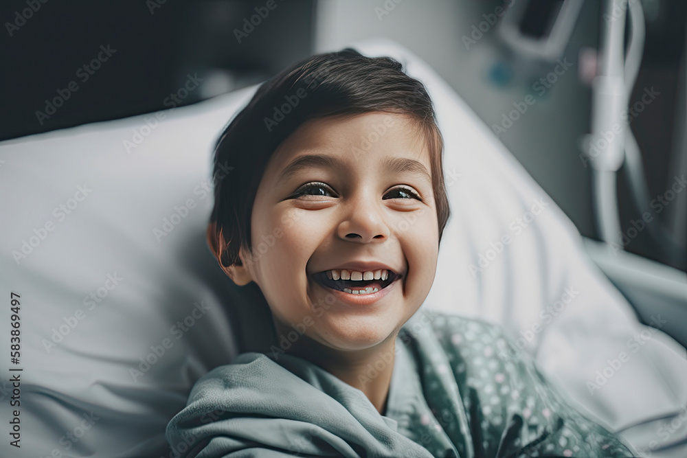 Happy smiling boy in hospital bed where he is receiving treatment care ...