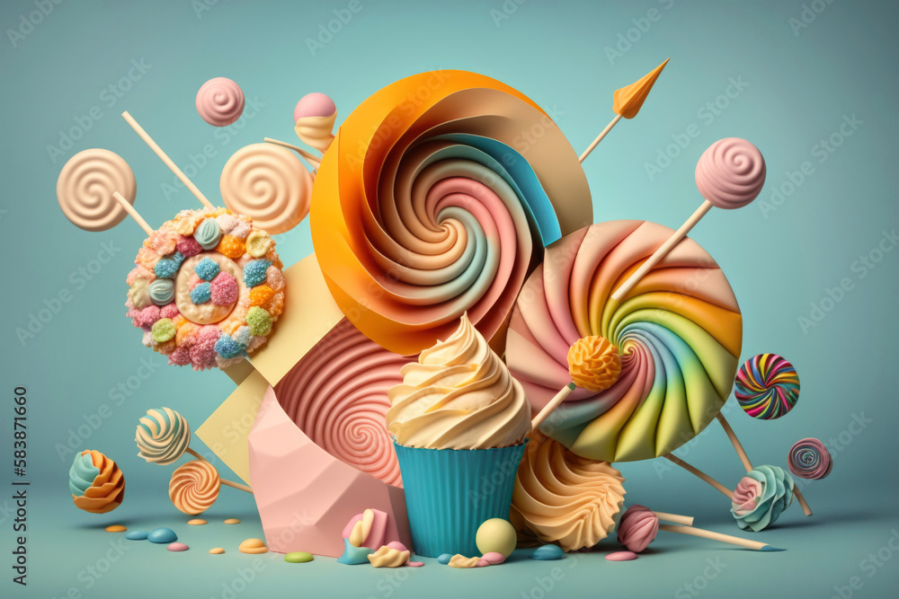 Delicious mix Candy in pastel colors, on soft blue background. Land of ...