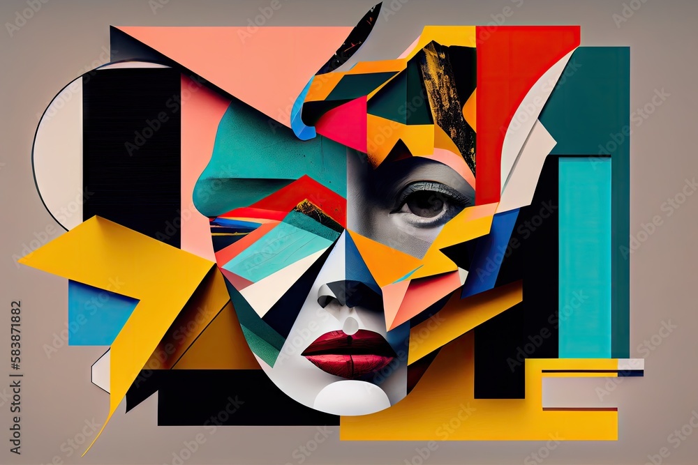 abstract face collage with bold colors and geometric shapes, created ...