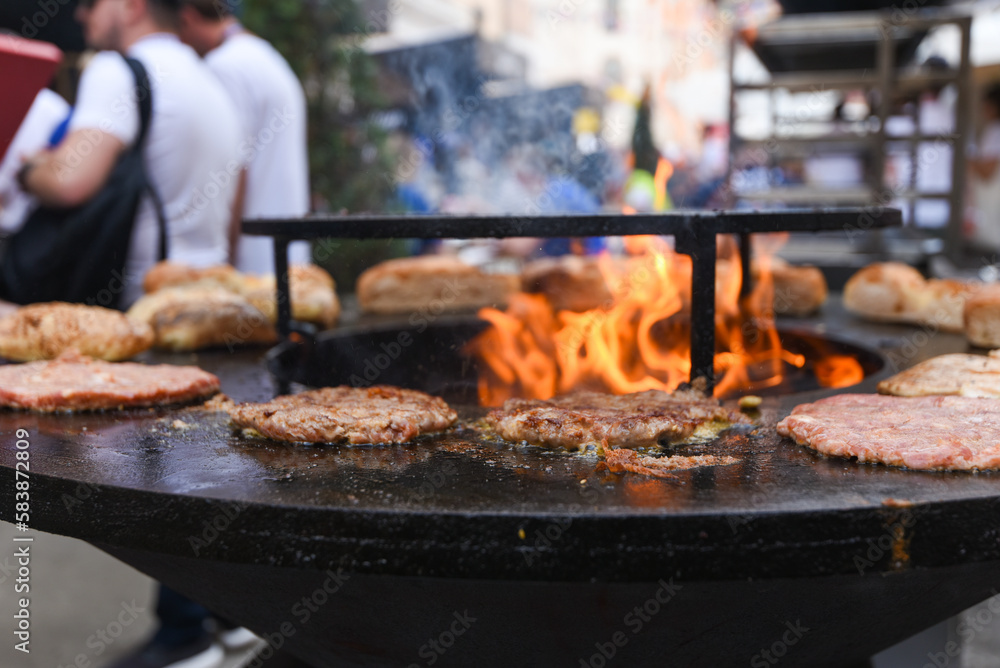 variety of food happens at the waterfall, picnic. Round grill bowl ...