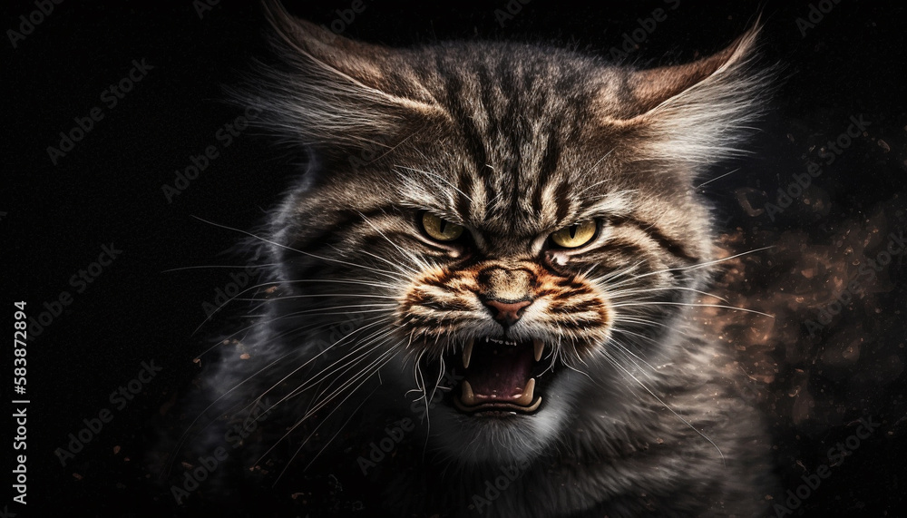 Hissing angry cat portrait. Agressive growling cat or feline. Ai ...