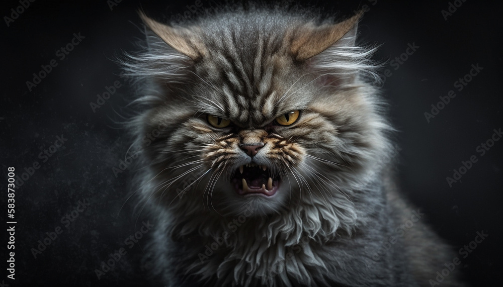 Hissing angry cat portrait. Agressive growling cat or feline. Ai ...