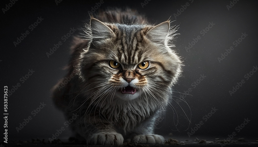 Hissing angry cat portrait. Agressive growling cat or feline. Ai ...