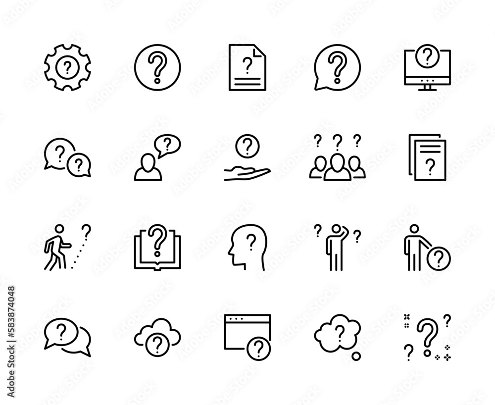 Questions and problems, ask and think, vector linear icons set ...