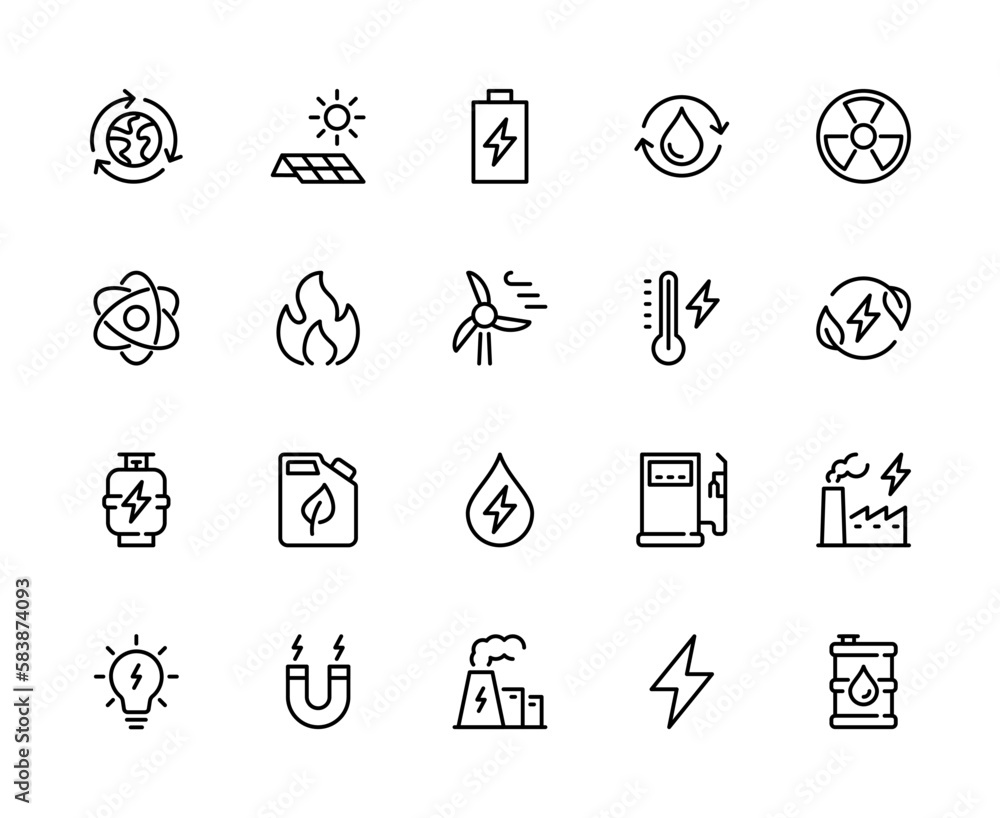 Types of energy vector line icons. Isolated icon collection on white ...