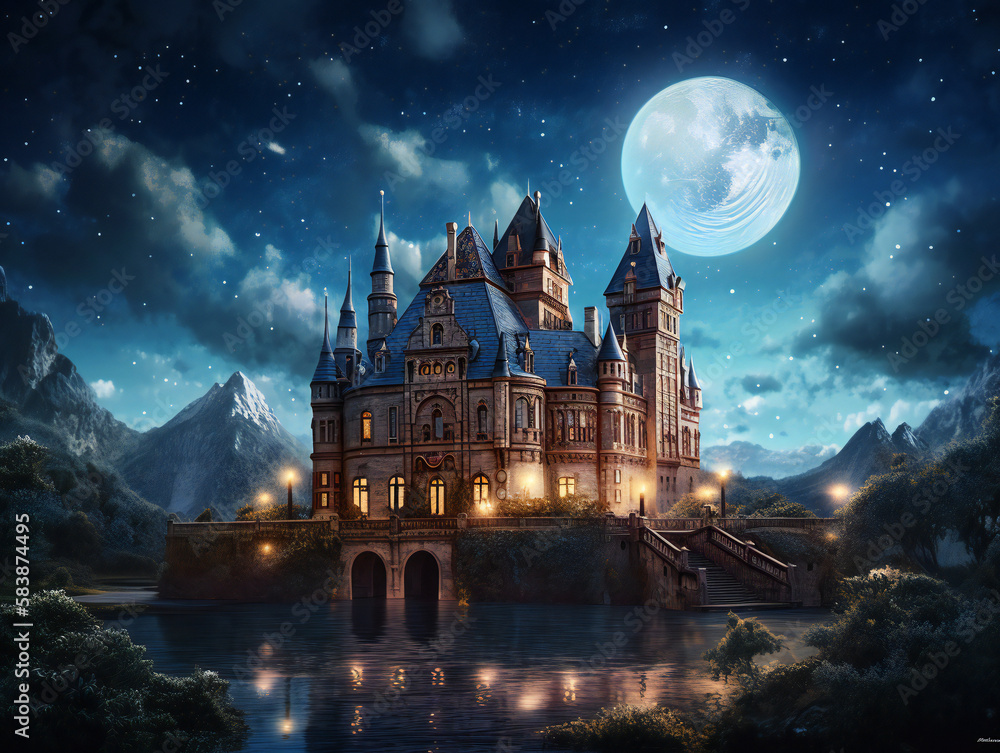 magical castle under starry night sky, fantasy landscape, stunning ...