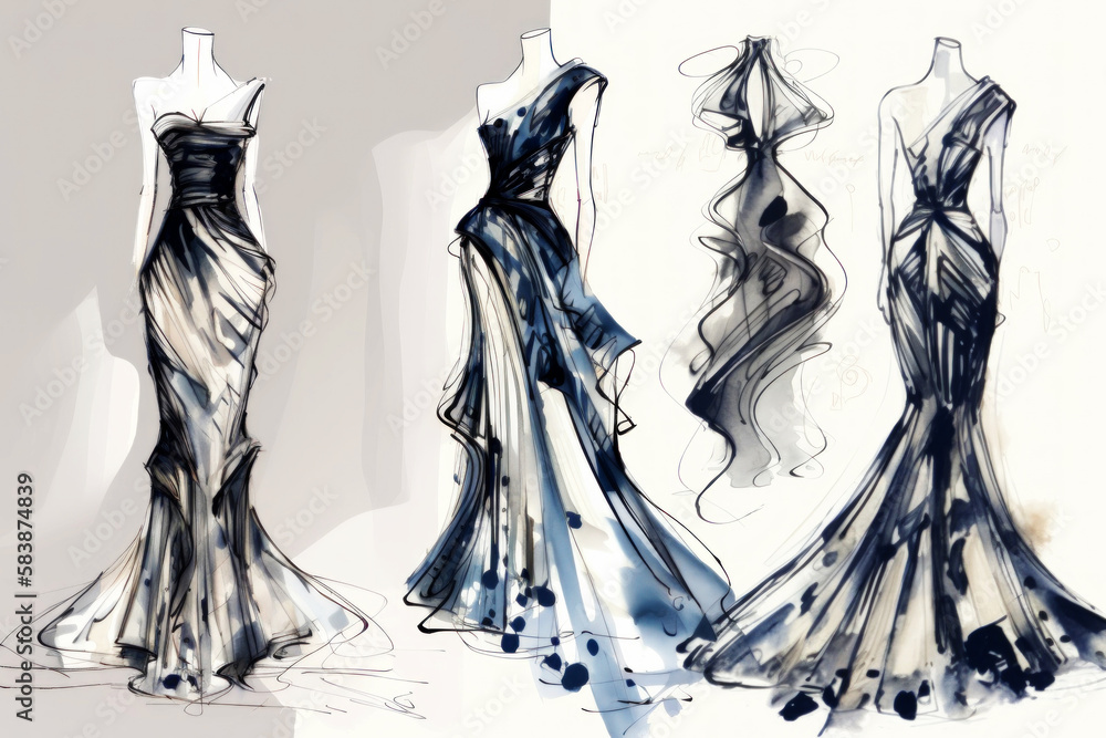 Fashion Book Blending Ink Pen Sketches And Watercolor Revealing Dress