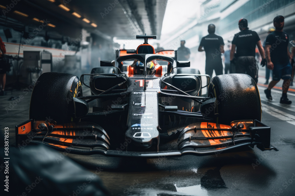 formula 1 car , race on a wet track on a rainy day, ai generative Stock ...