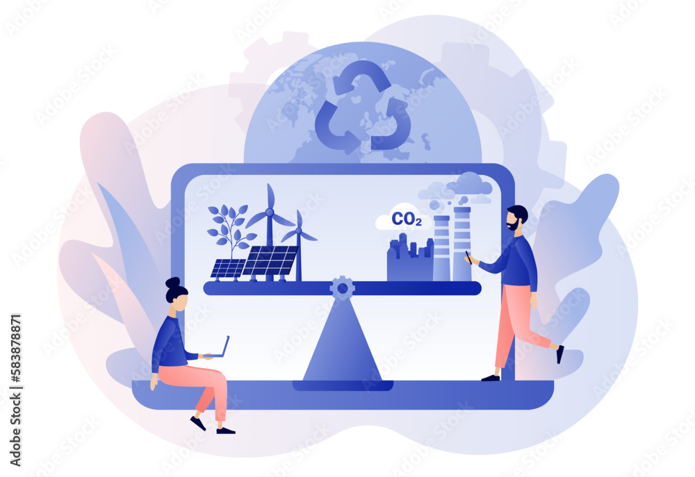 Reduce emission CO2. Sustainability concept. Scales with ecofriendly and factory. Net zero ...