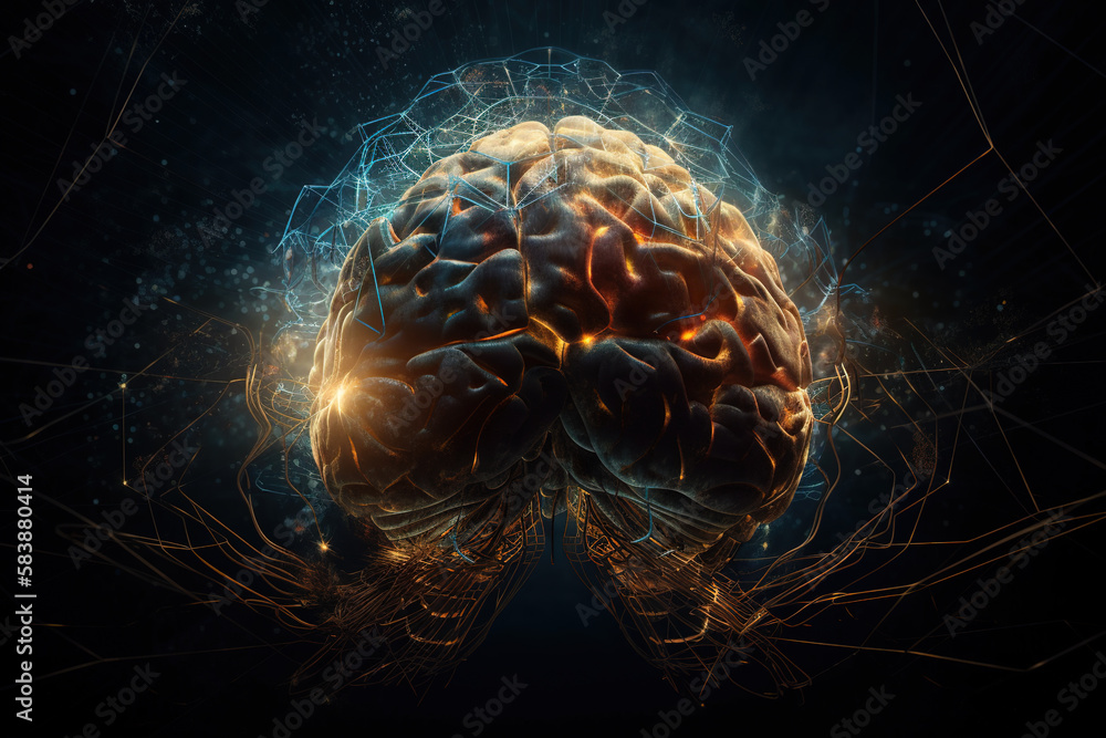 Brain with different areas illuminated and with light rays connecting ...