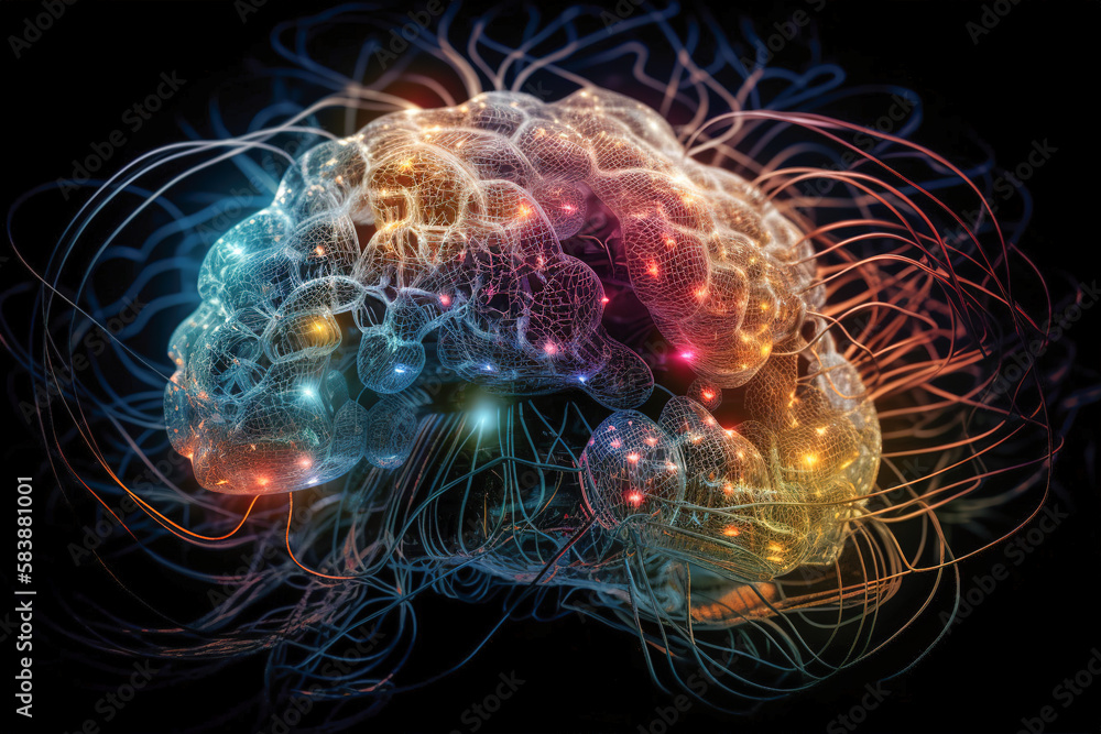 Brain with different areas illuminated and with light rays connecting ...