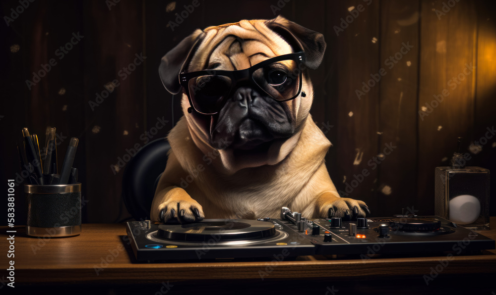 Sad cute pug wearing glasses and holding paws on the audio mixing ...