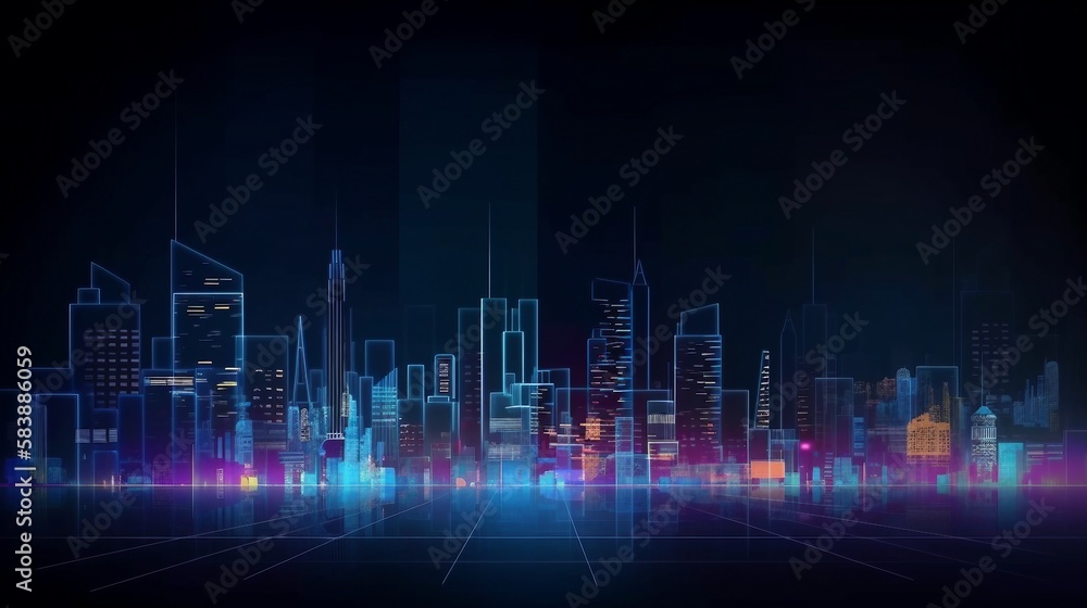 Vector illustration urban architecture, cityscape with space and neon ...