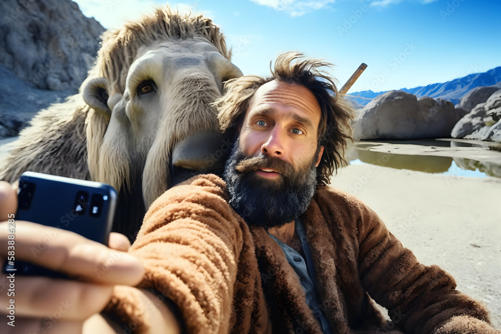 Primitive man takes a selfie with a wild beast. Neural network AI ...