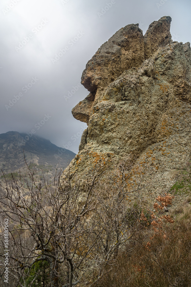 Unusual rock shape similar to human face profile. Landscape of Karadag ...