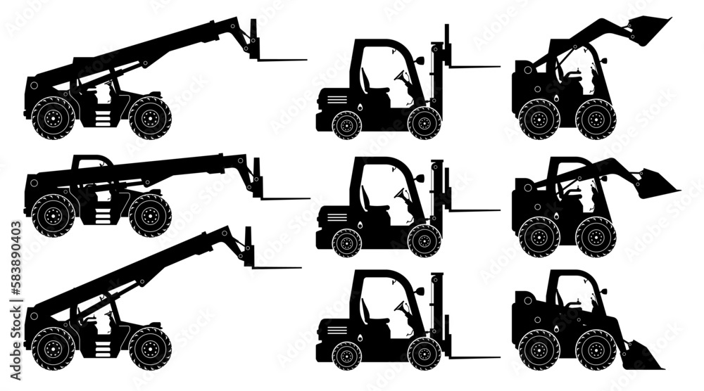 Telescopic handler, Forklift, Skid steer loader silhouette on white ...