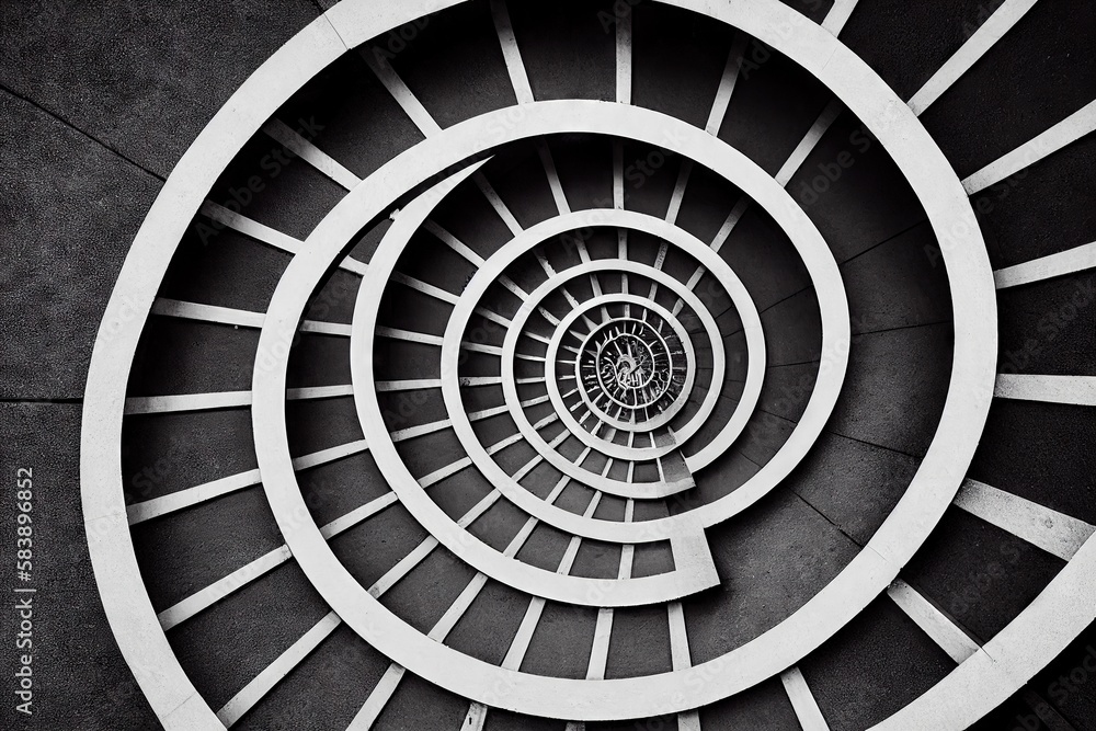 Top view of steep spiral stairs with railings along edge, created with ...