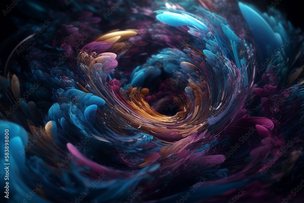 abstract background featuring a swirling vortex design, metallic materials, and a vibrant blue ...