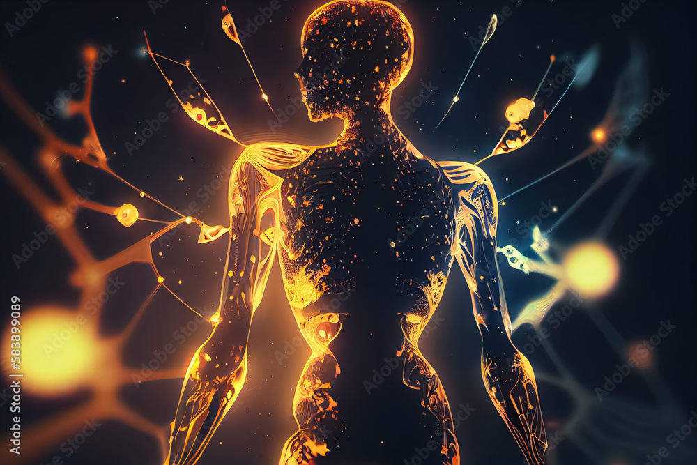 illustration of human body permeated with bright threads of ...