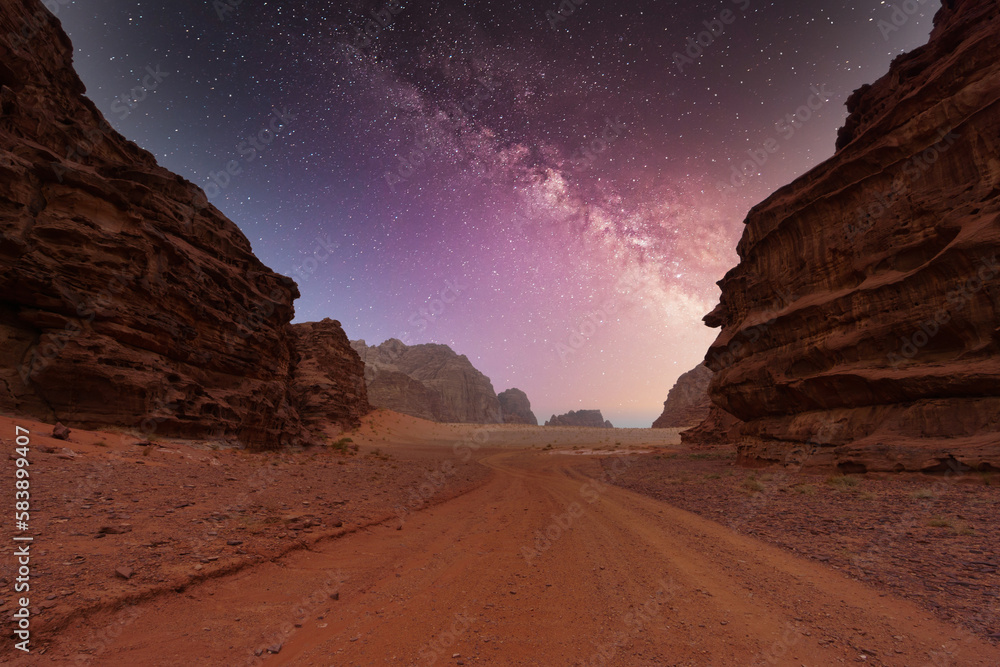Wadi Rum desert, Jordan, The Valley of the Moon. Orange sand, Milky Way ...