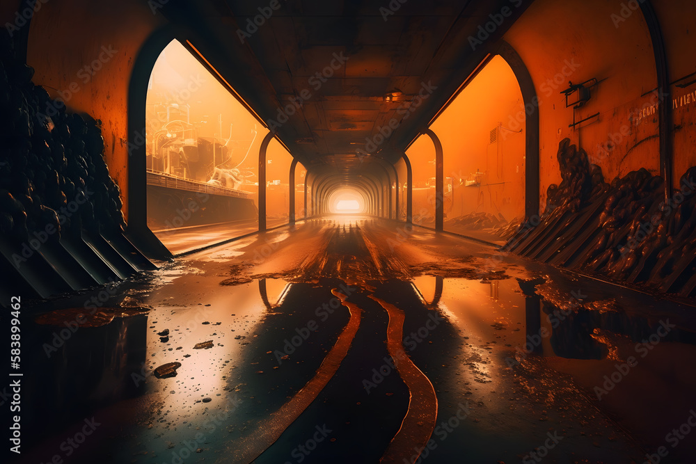 Dark grungy abandoned underpass. Future post apocalypse environment ...