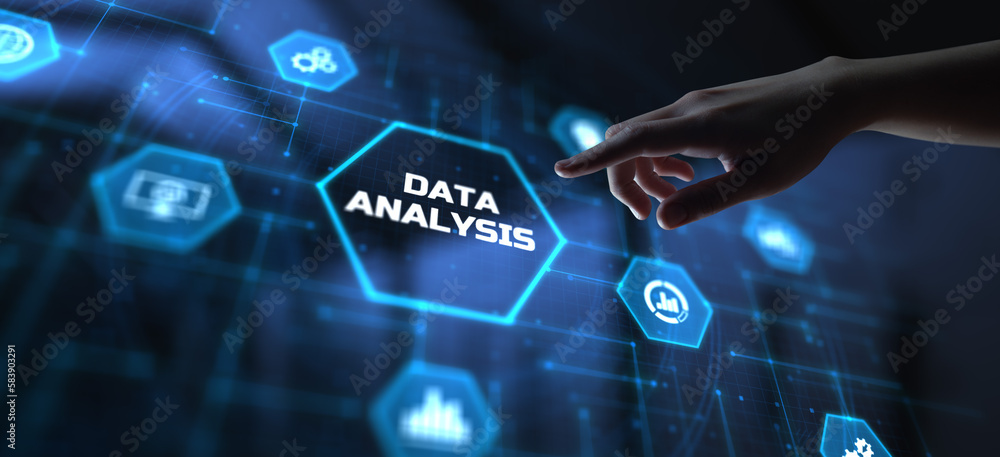 Data analysis analytics BI Business intelligence concept. Hand pressing ...