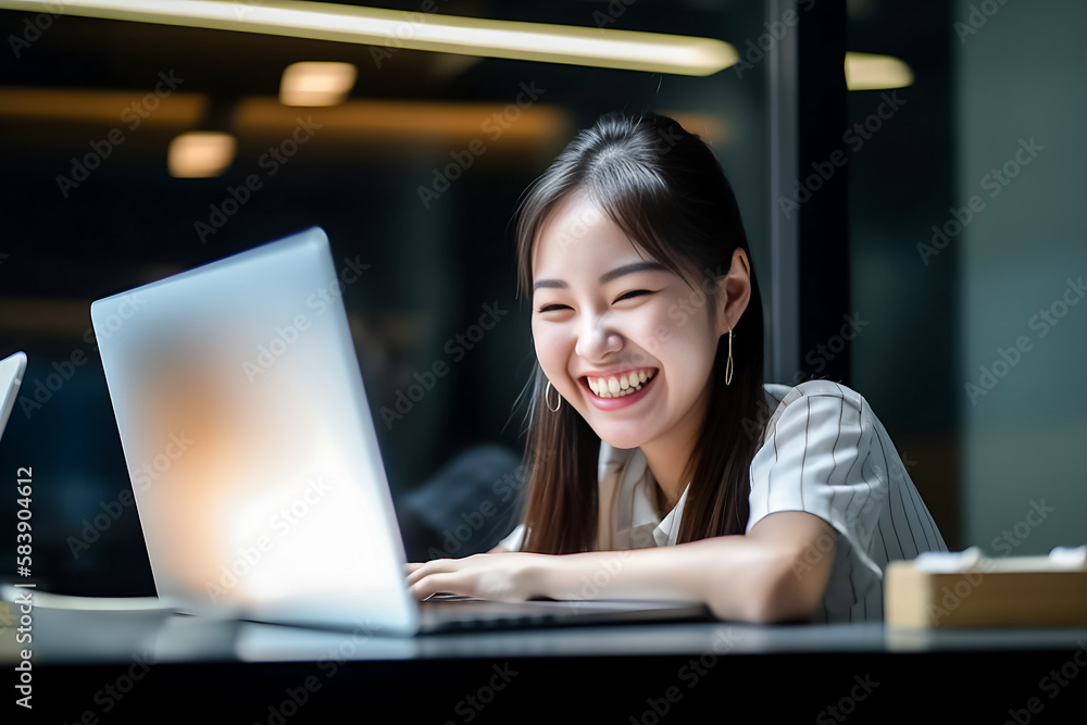 Office Working Girl, Pretty and Cute Asian Smile is sitting in front of ...